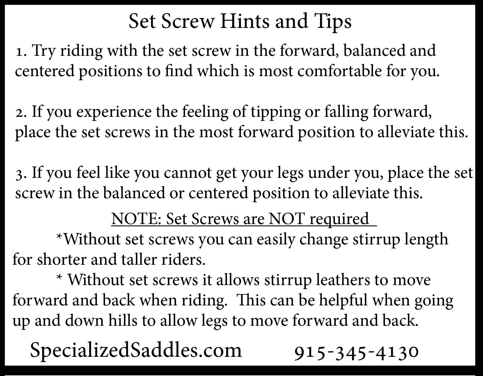 Set Screws – Heavy-Duty, Secure Stirrup & Fender Positioning